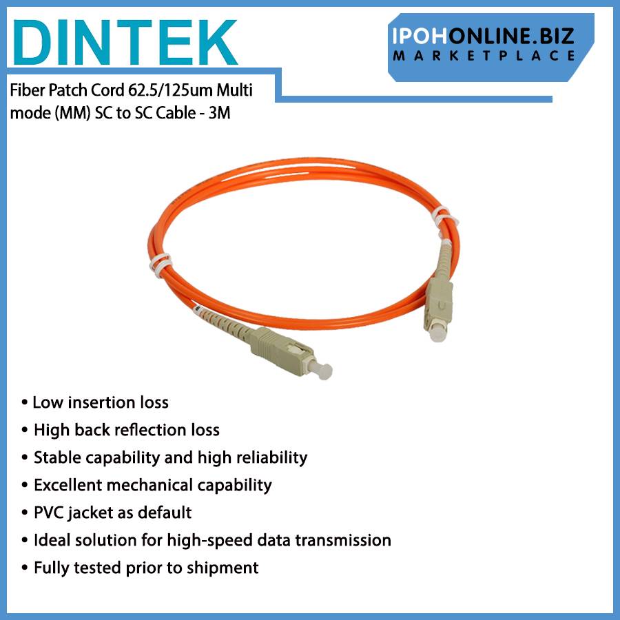 Dintek Fiber Patch Cord 62.5/125um Multi mode (MM) SC to SC 3Meter Cable