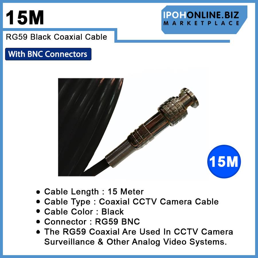 15M RG59 Black Coaxial CCTV Camera Cable With BNC Connectors