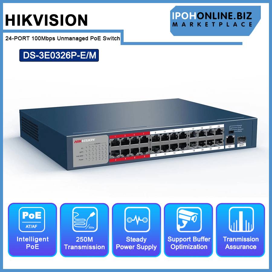 Hikvision DS-3E0326P-E/M 24-PORT 100 MBPS Unmanaged PoE Switch | Ipohonline
