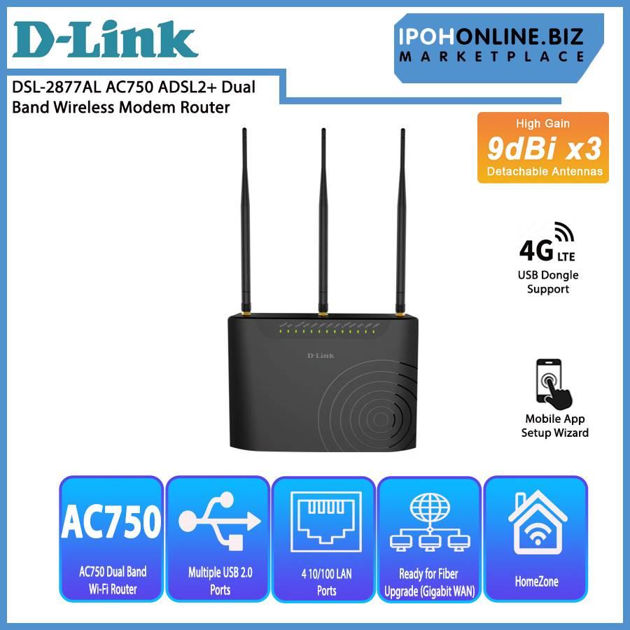 D-Link DSL-2877AL AC750 High Gain 9dBI x3 Detachable Antennas ADSL2 ...