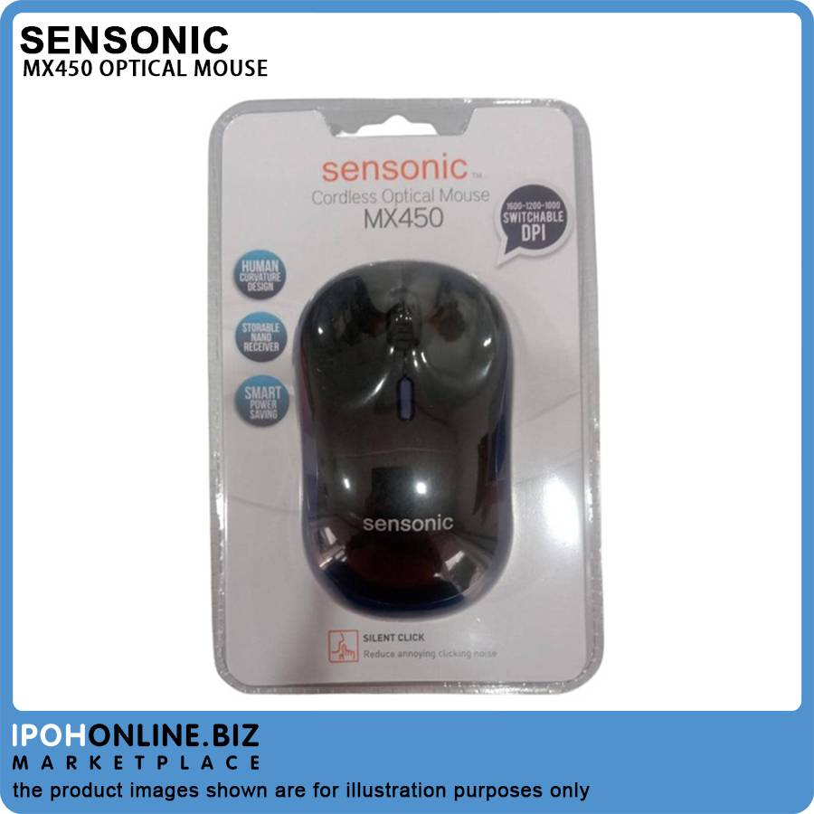 Sensonic MX450 Silent Click Cordless Optical Mouse - Black+Blue/Red