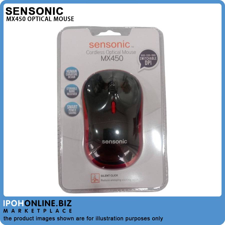Sensonic MX450 Silent Click Cordless Optical Mouse - Black+Blue/Red