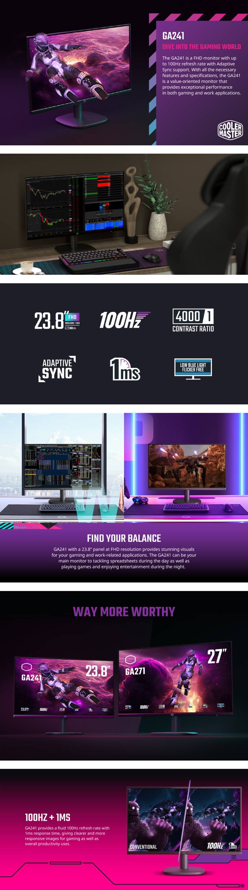 COOLER MASTER GA241 23.8" FHD 100Hz HDMI VGA Gaming Monitor with ...
