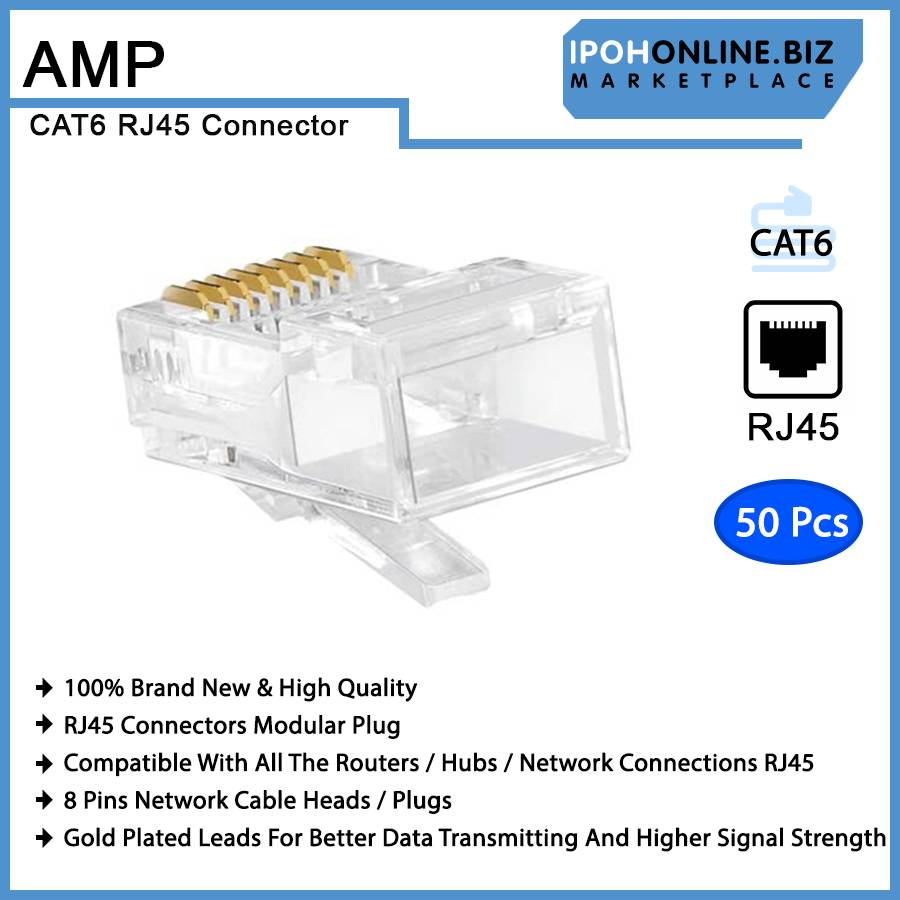 AMP CAT6 RJ45 Modular Plug Network Connector - 50 Pcs | Ipohonline