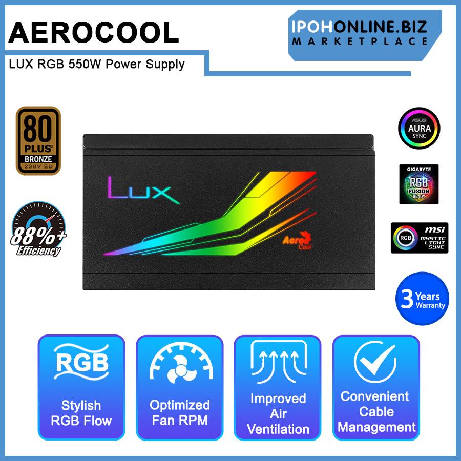 Aerocool LUX RGB 550W 80 Plus Bronze Power Supply | Ipohonline