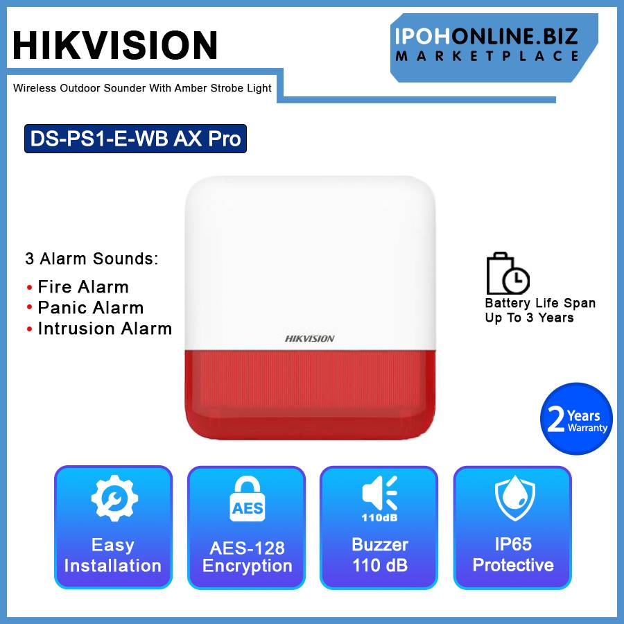 Hikvision DS-PS1-E-WB AX Pro Wireless Outdoor Sounder with Amber Strobe ...