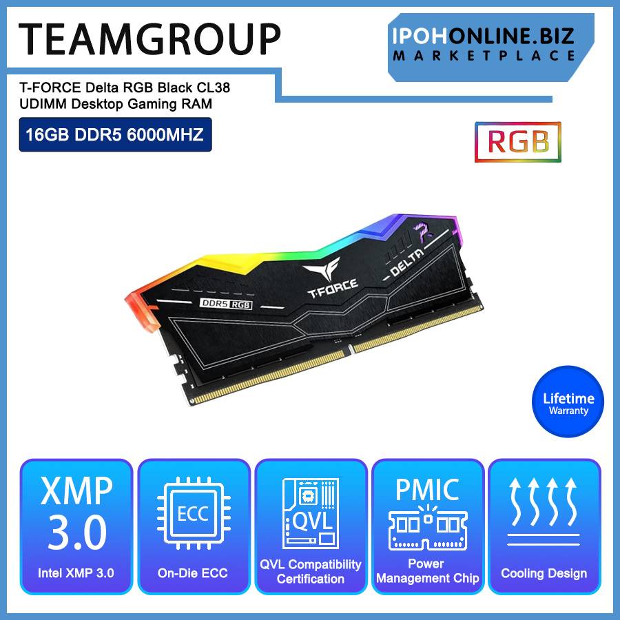 TeamGroup T-FORCE Delta RGB Black 16GB DDR5 6000 CL38 UDIMM Desktop ...