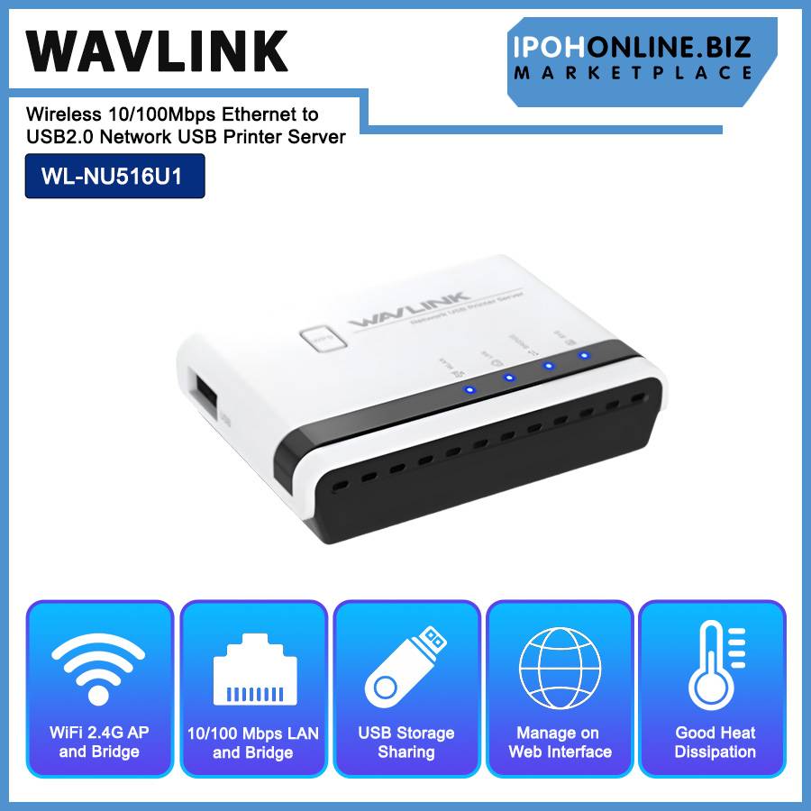Wavlink Wireless 10/100Mbps Ethernet to USB2.0 Network USB Printer ...
