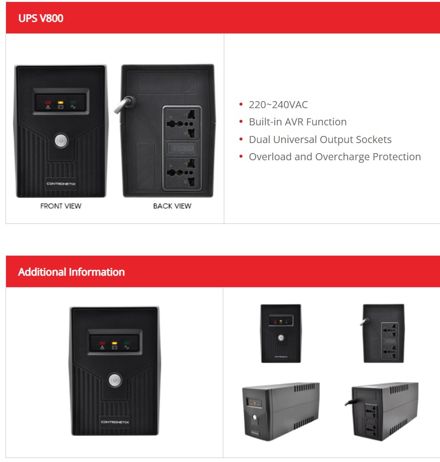 Contronetix Offline UPS V800 240V 800VA AVR 2 universal outlets ...