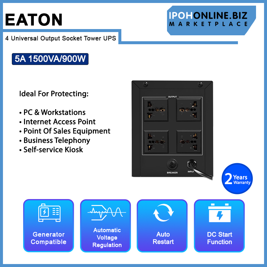EATON 5A 1500VA 900W 4 Universal Output Socket Tower BACKUP BATTERY UPS AVR