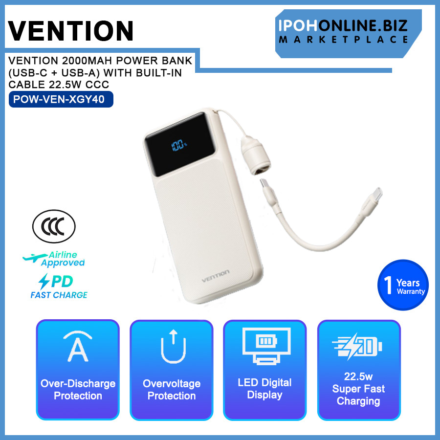 VENTION 20000MAH POWER BANK (USB-C + USB-A) WITH BUILT-IN CABLE 22.5W ...