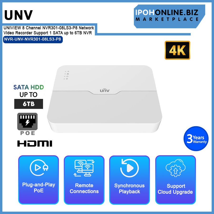 UNV UNIVIEW 8 Channel NVR301-08LS3-P8 Network Video Recorder Support 1 ...