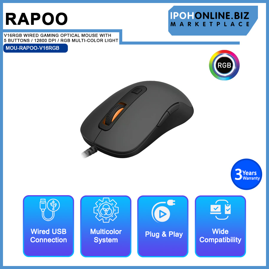 RAPOO V16RGB WIRED GAMING OPTICAL MOUSE WITH 5 BUTTONS / 12800 DPI ...